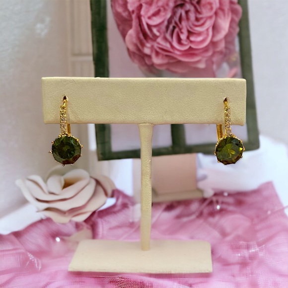 Jewelry | Nwt Gorgeous Gold Hoop Drop Green Round Stone Earrings | Poshmark